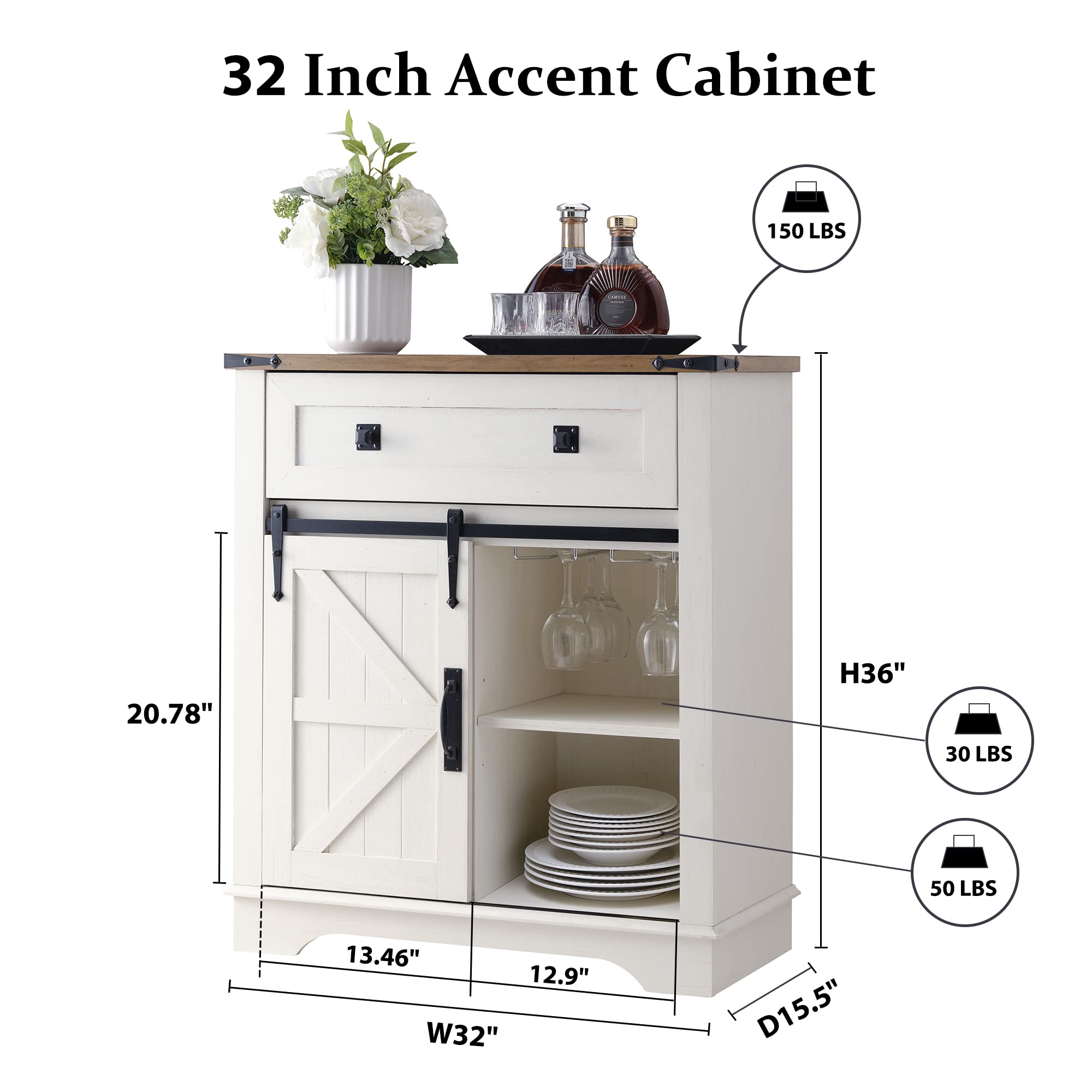 OKD Farmhouse Coffee Bar, 32 Inch Buffet Sideboard with Sliding Barn Door, Drawer, Adjustable Storage Shelves, Wood Accent Floor Cupboard Cabinet for Kitchen, Dining Room, Living Room, Antique White