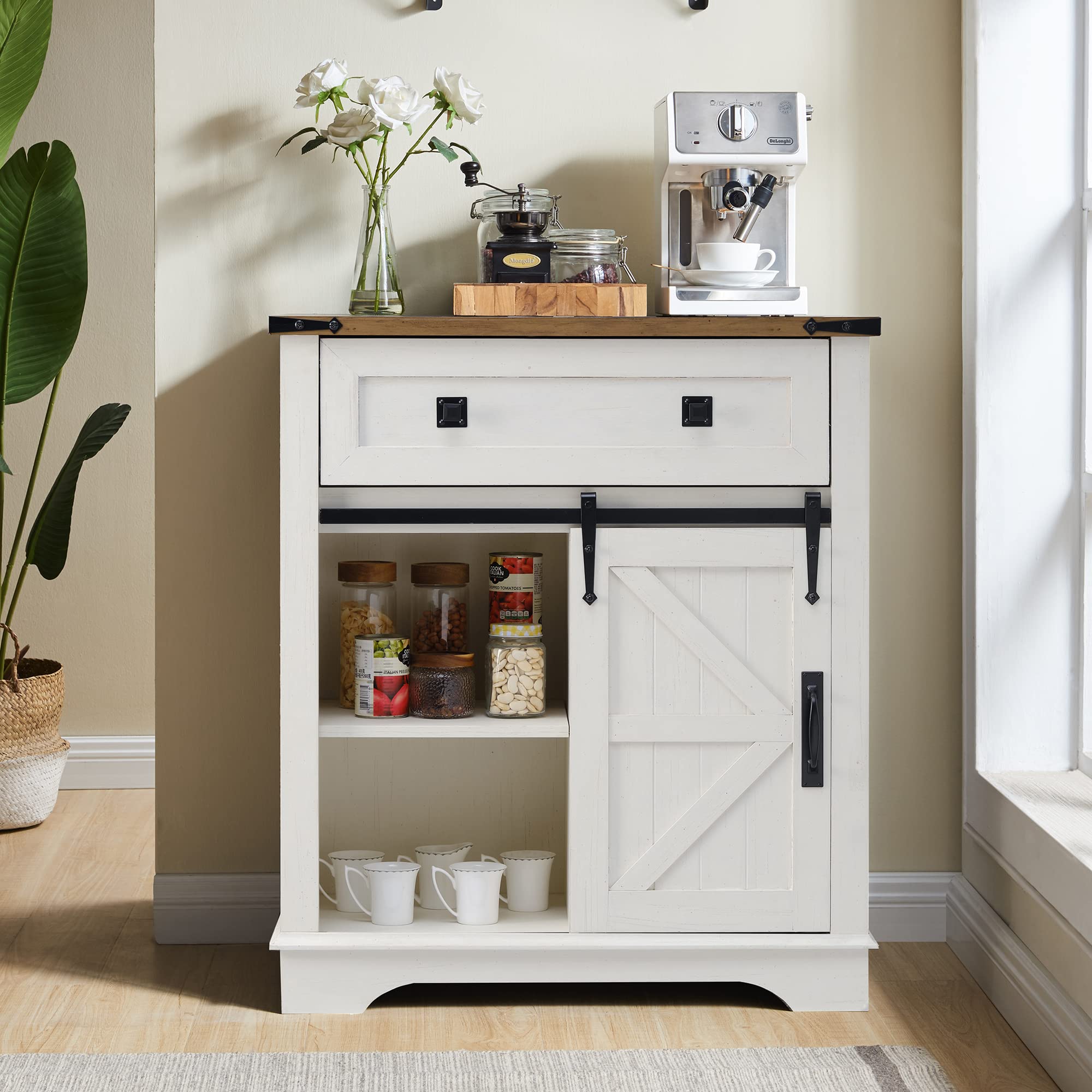 OKD Farmhouse Coffee Bar, 32 Inch Buffet Sideboard with Sliding Barn Door, Drawer, Adjustable Storage Shelves, Wood Accent Floor Cupboard Cabinet for Kitchen, Dining Room, Living Room, Antique White