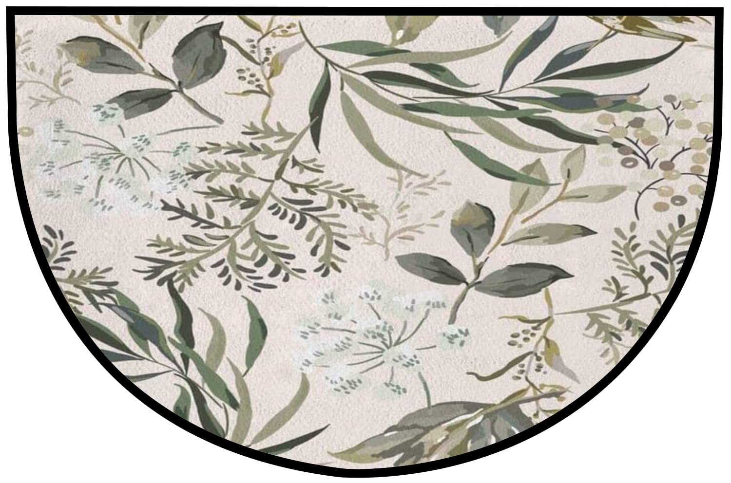 Half Round Door Mat Ferns and Leaves On Beige Sage Green and Light Brown Door Mat Outdoor Entrance, for Outside Entry 24x36 in Indoor Non-Slip semi-Circular Doormat Entrance Bathroom Floor Carpet