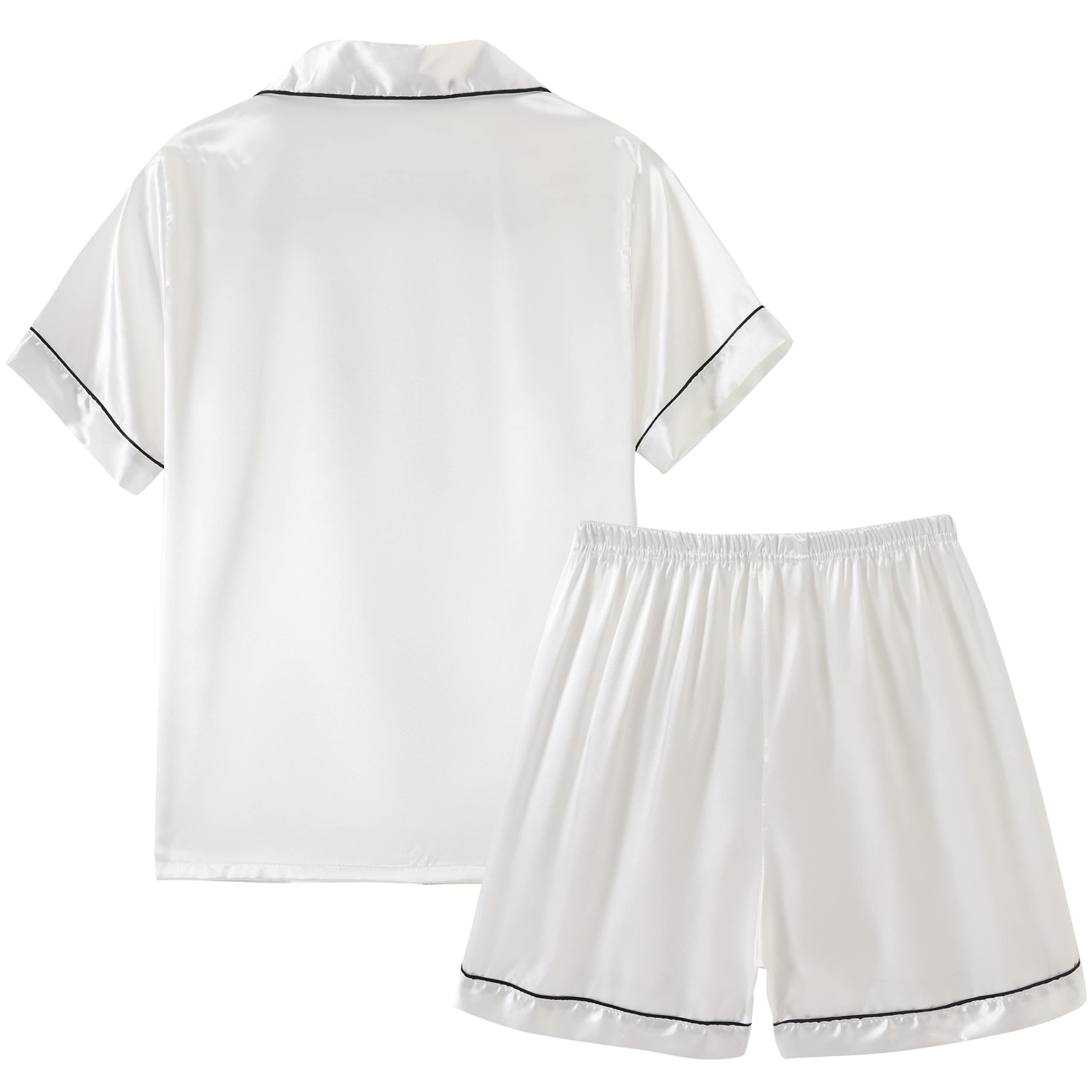 Vopmocld Big Kids Unisex Pjs Set Girls Boys Silk Pajama Sets Satin Clasic Sleepwear Summer 2 Pieces Button Down Nighty, White, 14