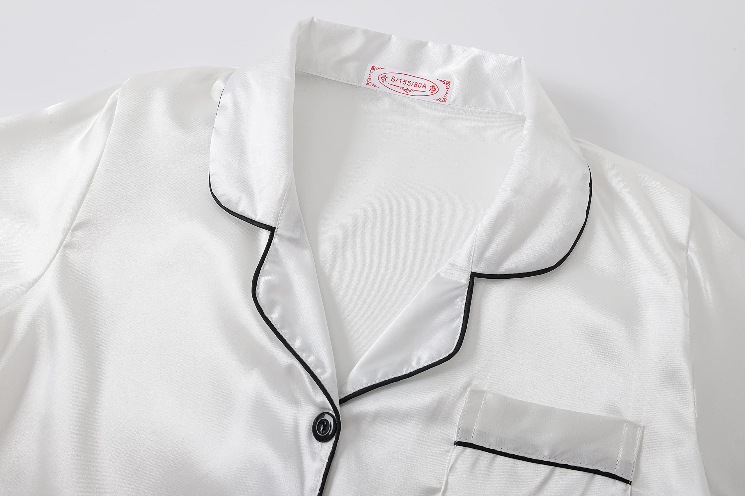 Vopmocld Big Kids Unisex Pjs Set Girls Boys Silk Pajama Sets Satin Clasic Sleepwear Summer 2 Pieces Button Down Nighty, White, 14
