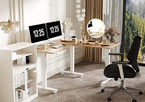 INNOVAR Solid Wood Triple Motor L Shaped Standing Desk, 63 x 55 inch Corner Stand Up Desk, Adjustable Height Home Office Desk, White Frame/Nature Top