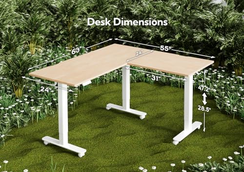 INNOVAR Solid Wood Triple Motor L Shaped Standing Desk, 63 x 55 inch Corner Stand Up Desk, Adjustable Height Home Office Desk, White Frame/Nature Top