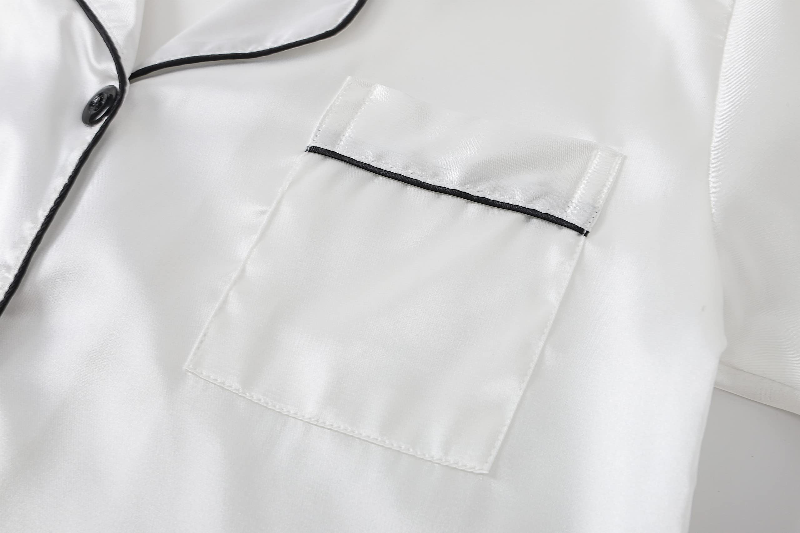 Vopmocld Big Kids Unisex Pjs Set Girls Boys Silk Pajama Sets Satin Clasic Sleepwear Summer 2 Pieces Button Down Nighty, White, 14