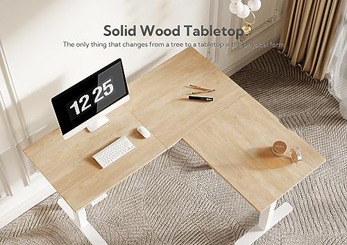 INNOVAR Solid Wood Triple Motor L Shaped Standing Desk, 63 x 55 inch Corner Stand Up Desk, Adjustable Height Home Office Desk, White Frame/Nature Top