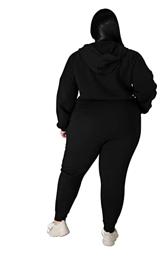NoeYois Womens Plus Size 2 Piece Outfits Long Sleeve Sweatsuit Hooded TrackSuit Sets Matching Loungewear with Pockets-Black 3XL