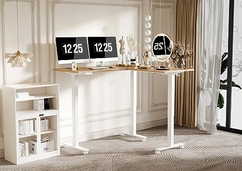 INNOVAR Solid Wood Triple Motor L Shaped Standing Desk, 63 x 55 inch Corner Stand Up Desk, Adjustable Height Home Office Desk, White Frame/Nature Top