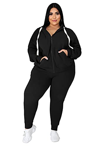 NoeYois Womens Plus Size 2 Piece Outfits Long Sleeve Sweatsuit Hooded TrackSuit Sets Matching Loungewear with Pockets-Black 3XL