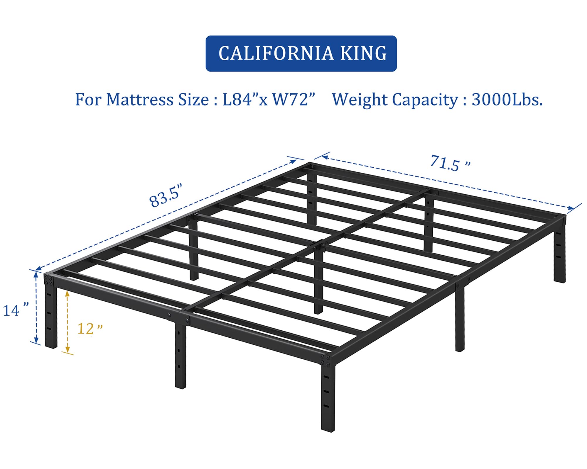 YUSENHEEI 14 Inch California King Size Bed Frame, No Box Spring Needed, Heavy Duty Metal Platform Bed Frame with Large Underbed Storage Space, Noise Free, Easy Assembly, Black