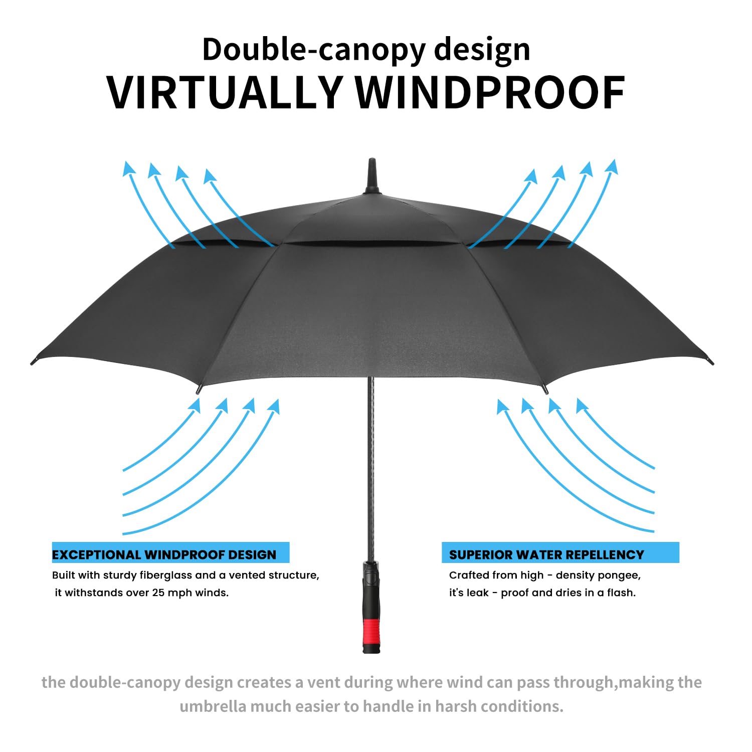 SIEPASA /62/68/72 Inch Automatic Open Golf Umbrella Oversize Extra Large Double Canopy Vented Windproof Waterproof Stick Umbrella.(Black, 62",Red Handle)