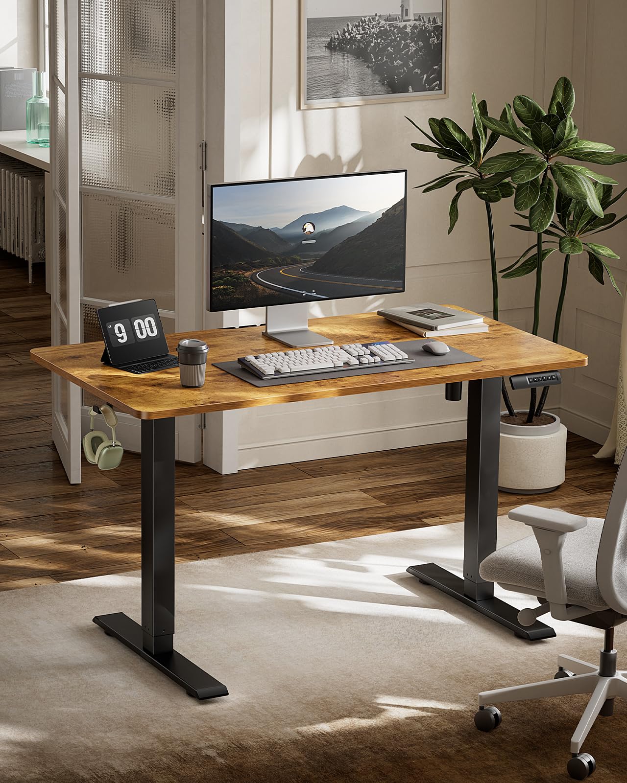 Marsail Electric Standing Desk with LED Lights, 48x24 Inch Adjustable Height Sit Stand up Desk for Home Office Furniture Computer Desk with 3 Memory Presets, Headphone Hook