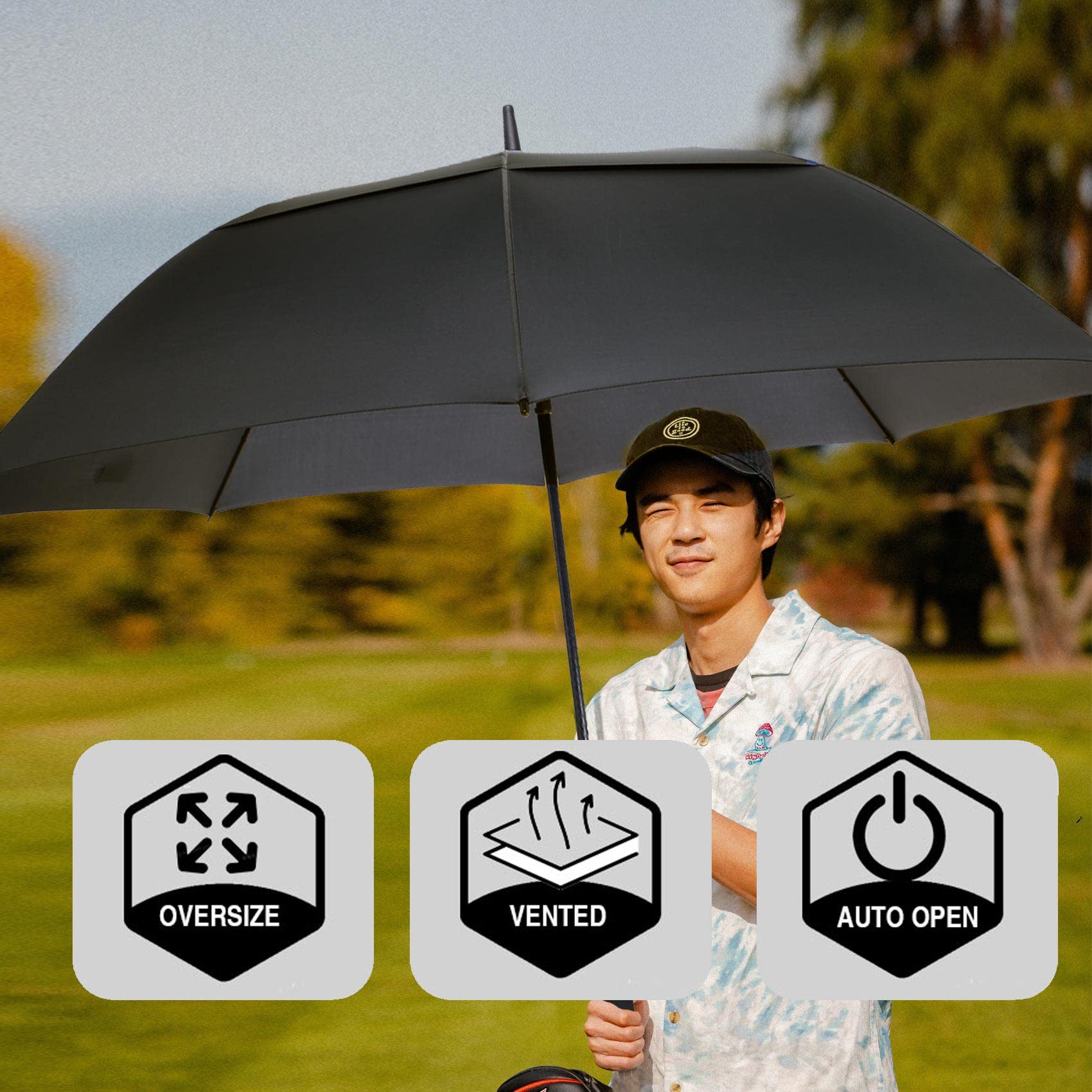 SIEPASA /62/68/72 Inch Automatic Open Golf Umbrella Oversize Extra Large Double Canopy Vented Windproof Waterproof Stick Umbrella.(Black, 62",Red Handle)