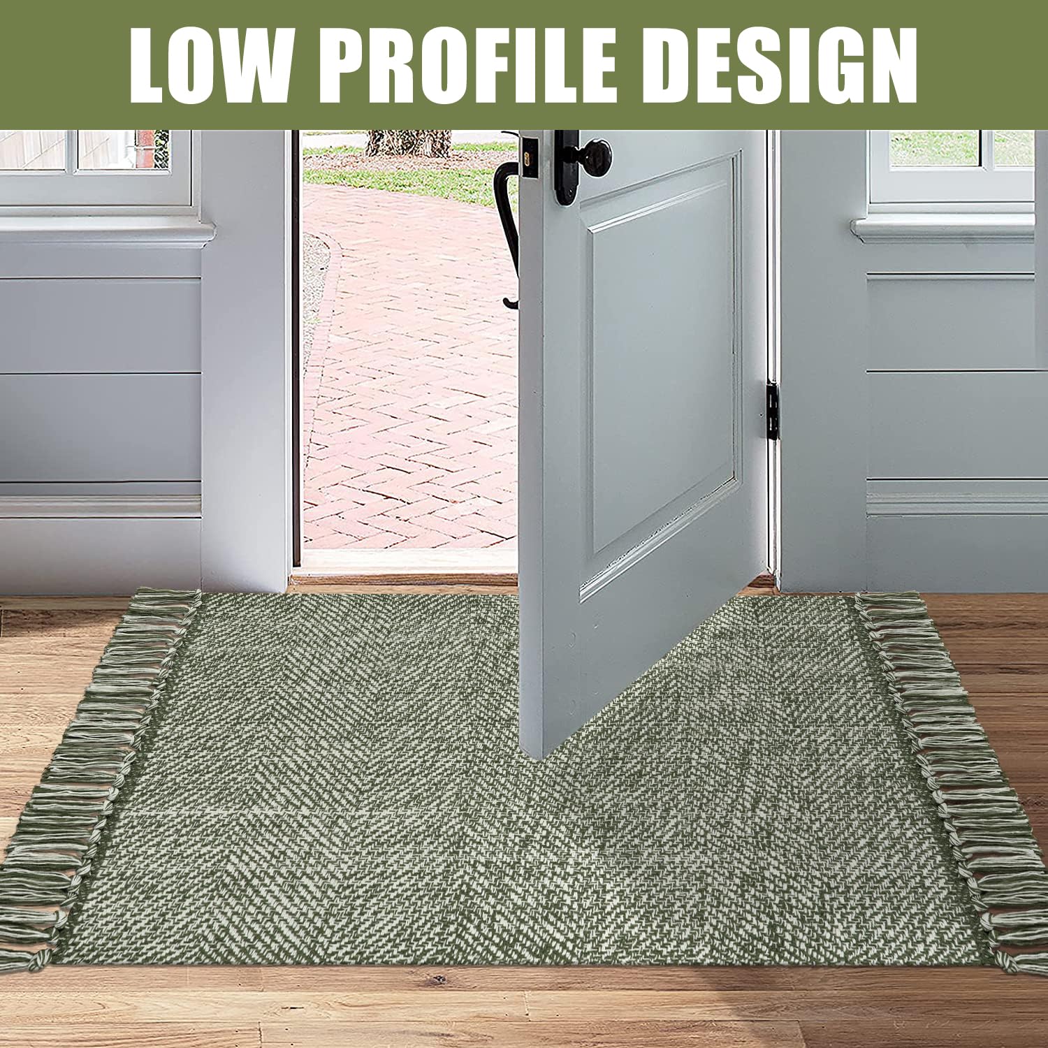 Collive Small Bathroom Rug, 2' x 3' Hand-Woven Low Profile Front Entryway Rug, Olive Green/Cream Cotton Reversible Washable Kitchen Mat Modern Farmhouse Carpet for Foyer Bedroom Back Door Decor