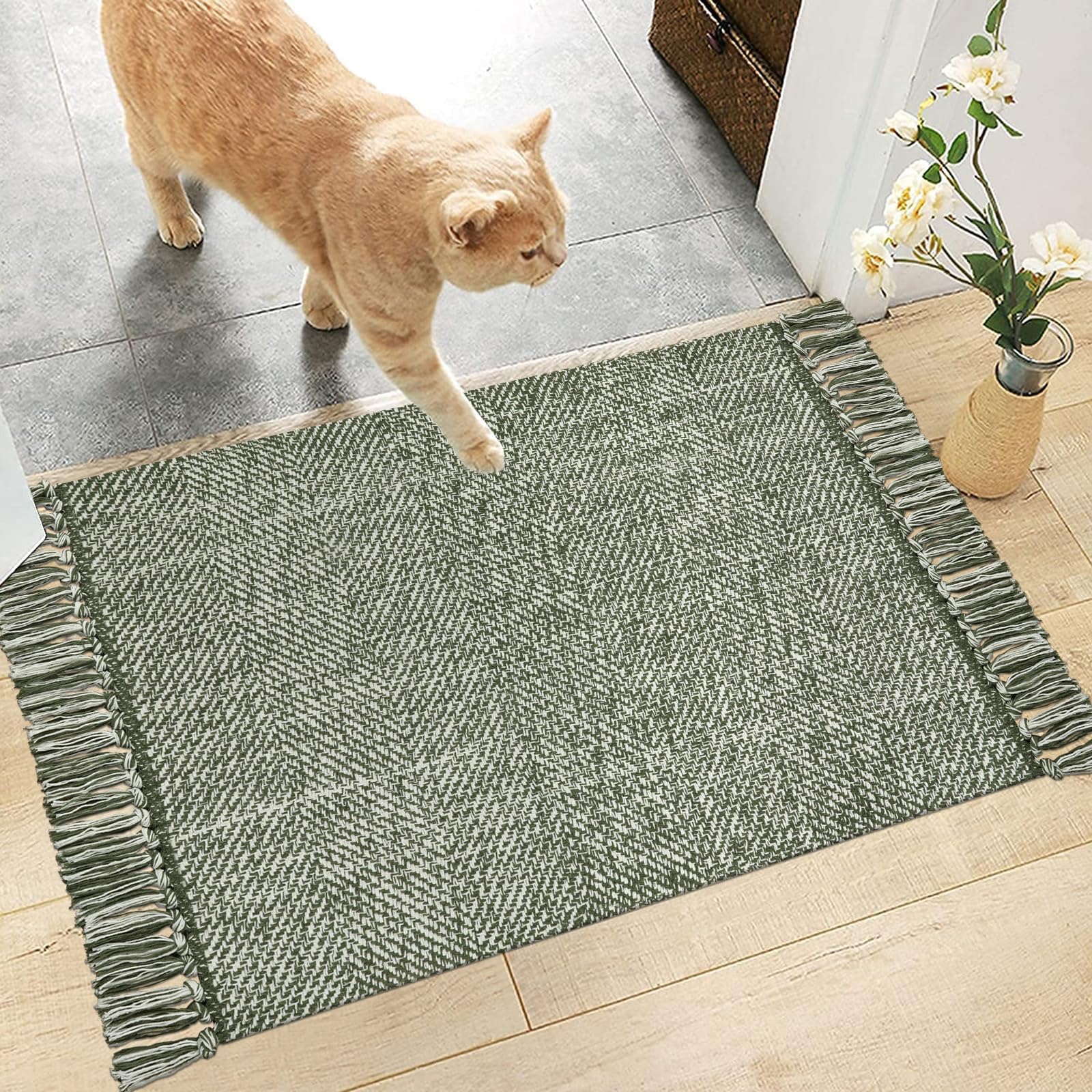 Collive Small Bathroom Rug, 2' x 3' Hand-Woven Low Profile Front Entryway Rug, Olive Green/Cream Cotton Reversible Washable Kitchen Mat Modern Farmhouse Carpet for Foyer Bedroom Back Door Decor