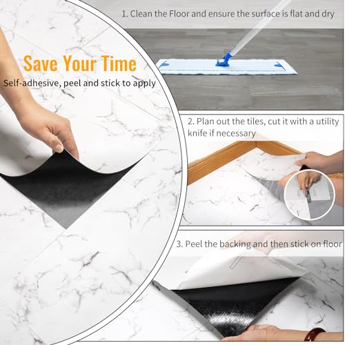 Mysflosy Peel and Stick Floor Tiles, Self Adhesive Waterproof Vinyl Flooring, 12''x12'' White Marble Pattern DIY Floor Sticker for Kitchen, Bathrooms & Bedroom, 20 Tiles