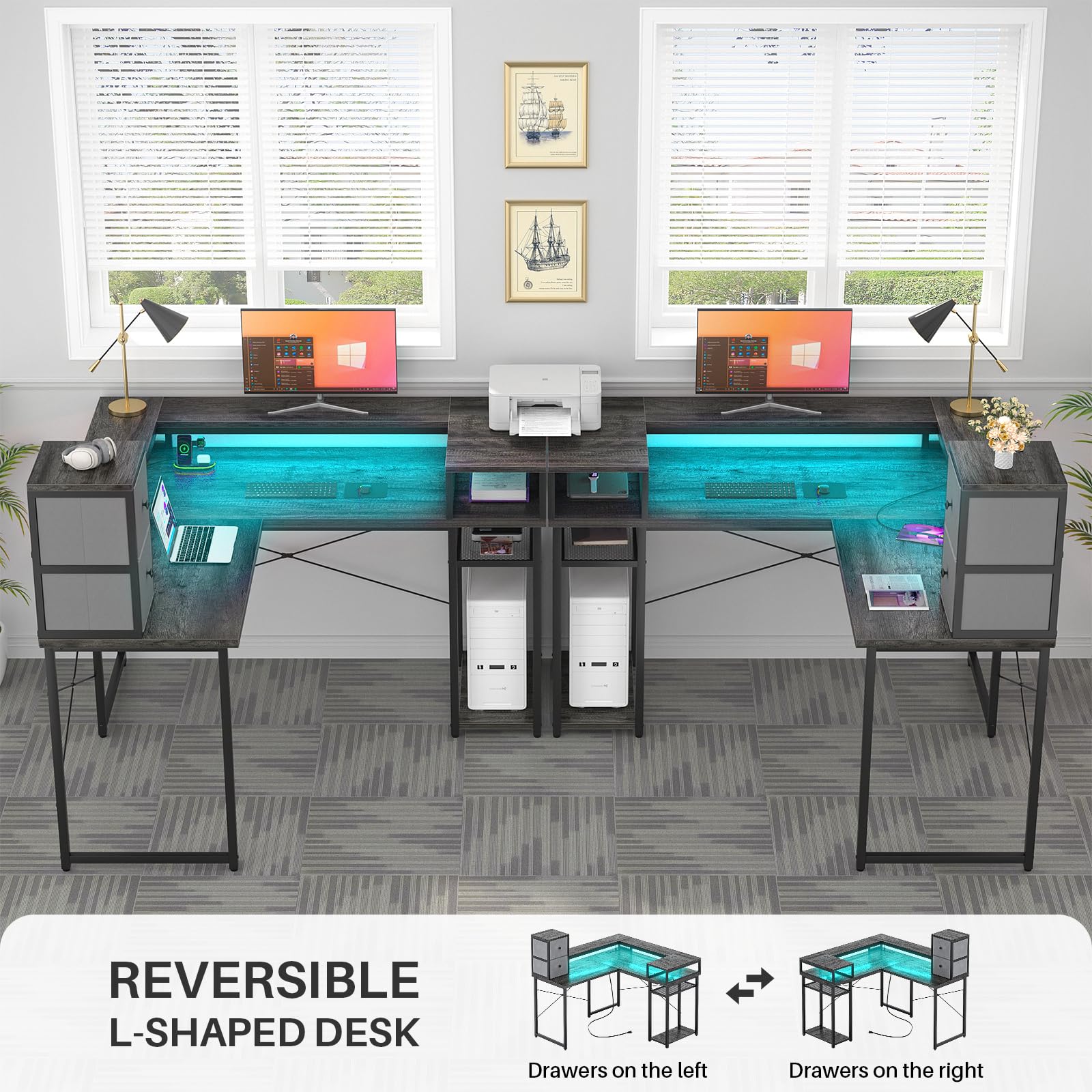 armocity L Shaped Desk with Drawers, Reversible Corner Computer Desk with LED Light & Power Outlet, 50'' L-Shaped Gaming Desk with Long Monitor Shelf, Home Office Desk for Small Corner Space, Grey