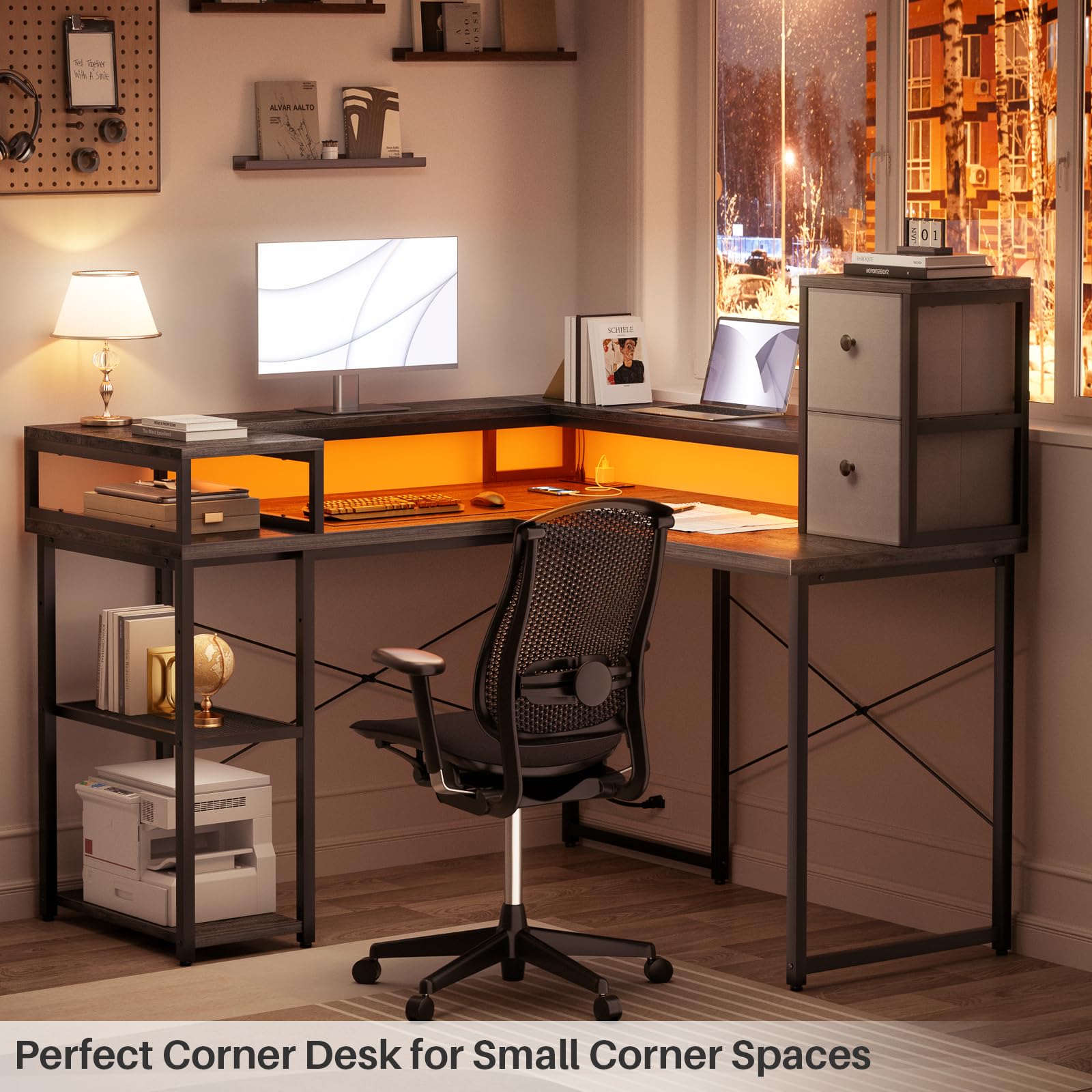 armocity L Shaped Desk with Drawers, Reversible Corner Computer Desk with LED Light & Power Outlet, 50'' L-Shaped Gaming Desk with Long Monitor Shelf, Home Office Desk for Small Corner Space, Grey