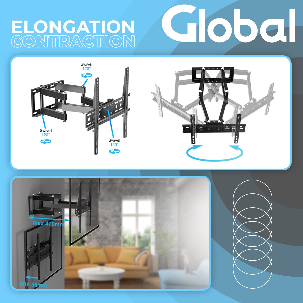 Global Electronics Wall Mount TV and Monitors, Mount Double Arm, Bracket Full, Motion with Long Arm for Corner/Flat Installation fits 30 to 60" Flat/Curve TVs, Mount VESA 400x400mm, Tv Stand