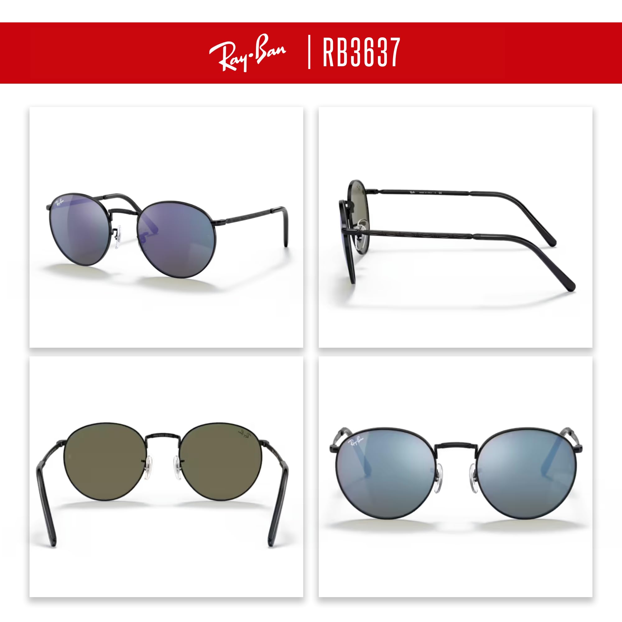 Ray-Ban RB3637 002/G1 47MM Black/Blue Round Sunglasses for Men for Women + BUNDLE with Designer iWear Kit