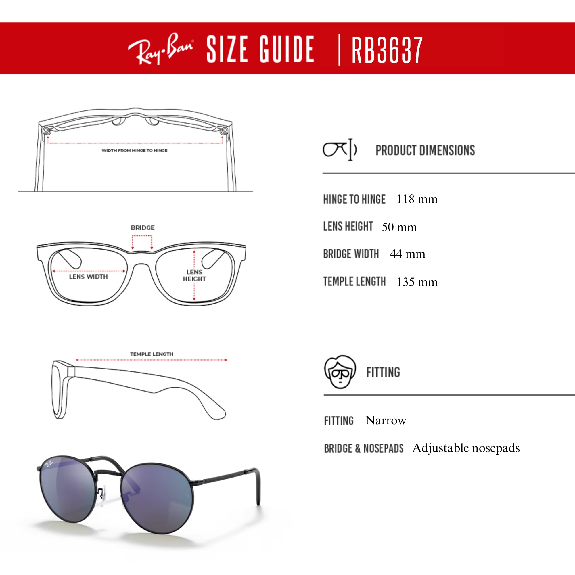 Ray-Ban RB3637 002/G1 47MM Black/Blue Round Sunglasses for Men for Women + BUNDLE with Designer iWear Kit