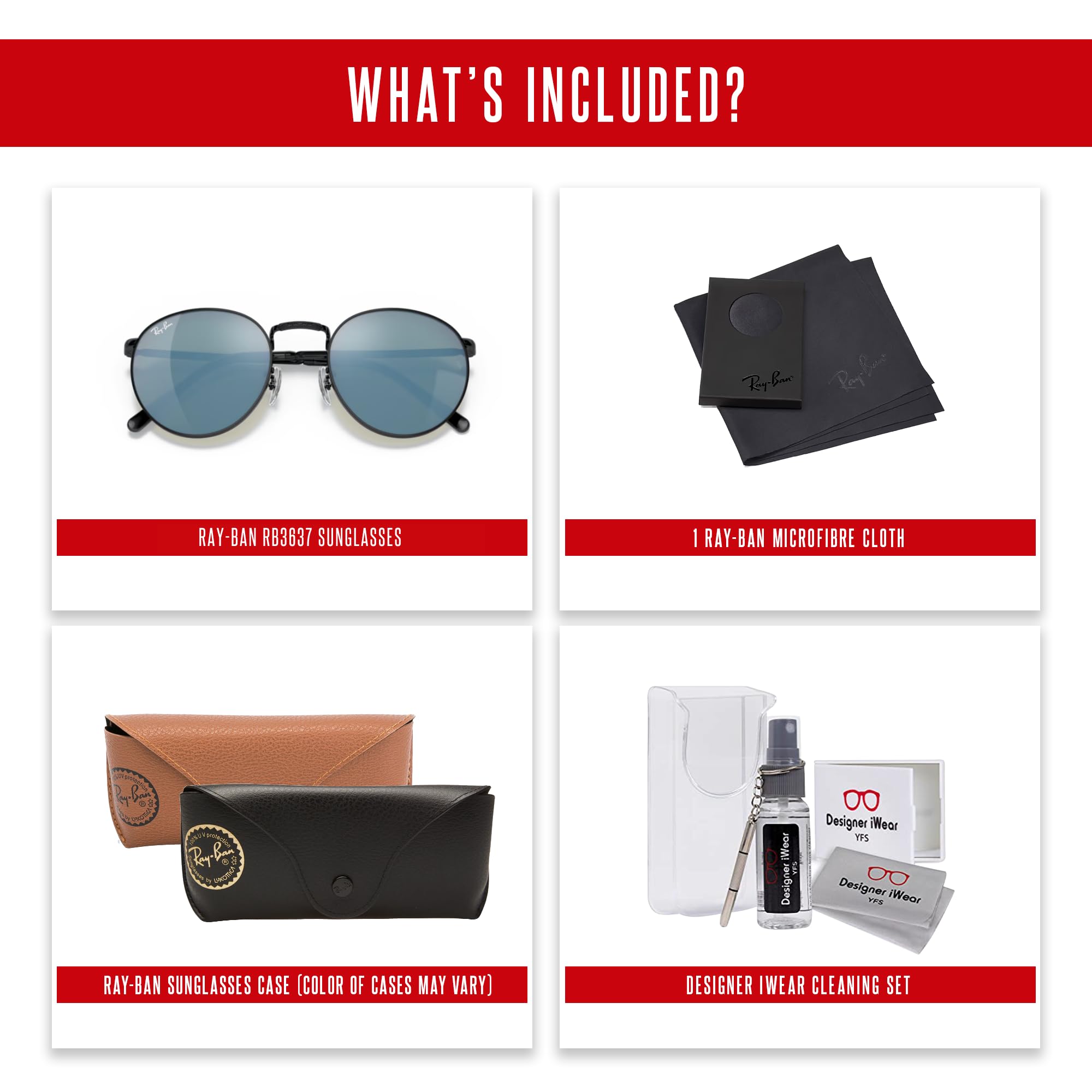 Ray-Ban RB3637 002/G1 47MM Black/Blue Round Sunglasses for Men for Women + BUNDLE with Designer iWear Kit