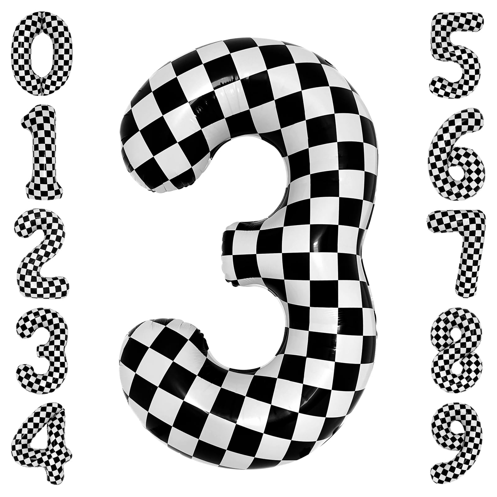 40 Inch Checkered 3 Balloon Large Black and White Number Balloon for Race Car 3rd Birthday Party Supplies Number 3 Checkered Balloon