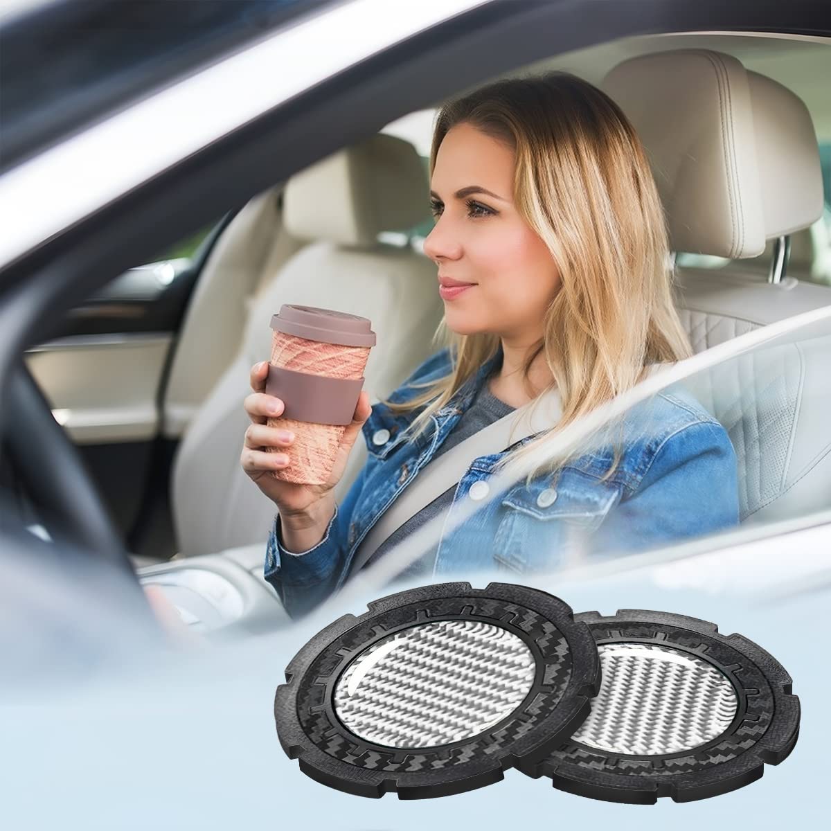 AUCELI 2 PCS Car Cup Holders, 2.75 Inch Carbon Fiber Coasters, Non-Slip Bottle Pad Embedded in Cup Mat, Durable Insert Drink Coaster, Universal Vehicle Interior Accessories (Silver/StyleB)