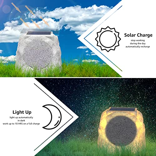 Outdoor Speakers Waterproof 2pack for All Seasons & Solar Powered with Rechargeable Battery Rock Speakers Wireless Bluetooth with Colorful LED Light for Garden, Patio (2-Pc, Granite Grey)