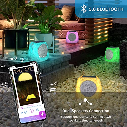 Outdoor Speakers Waterproof 2pack for All Seasons & Solar Powered with Rechargeable Battery Rock Speakers Wireless Bluetooth with Colorful LED Light for Garden, Patio (2-Pc, Granite Grey)