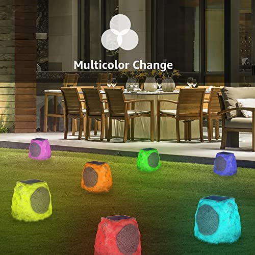 Outdoor Speakers Waterproof 2pack for All Seasons & Solar Powered with Rechargeable Battery Rock Speakers Wireless Bluetooth with Colorful LED Light for Garden, Patio (2-Pc, Granite Grey)