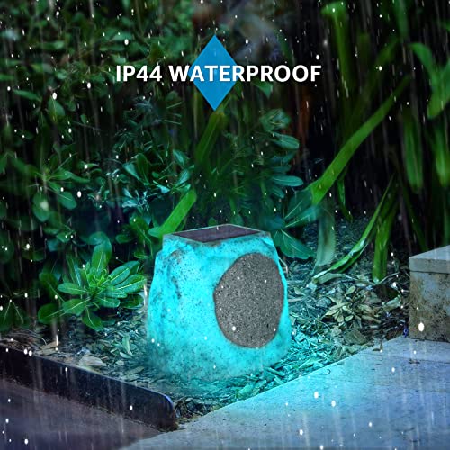 Outdoor Speakers Waterproof 2pack for All Seasons & Solar Powered with Rechargeable Battery Rock Speakers Wireless Bluetooth with Colorful LED Light for Garden, Patio (2-Pc, Granite Grey)