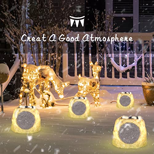 Outdoor Speakers Waterproof 2pack for All Seasons & Solar Powered with Rechargeable Battery Rock Speakers Wireless Bluetooth with Colorful LED Light for Garden, Patio (2-Pc, Granite Grey)