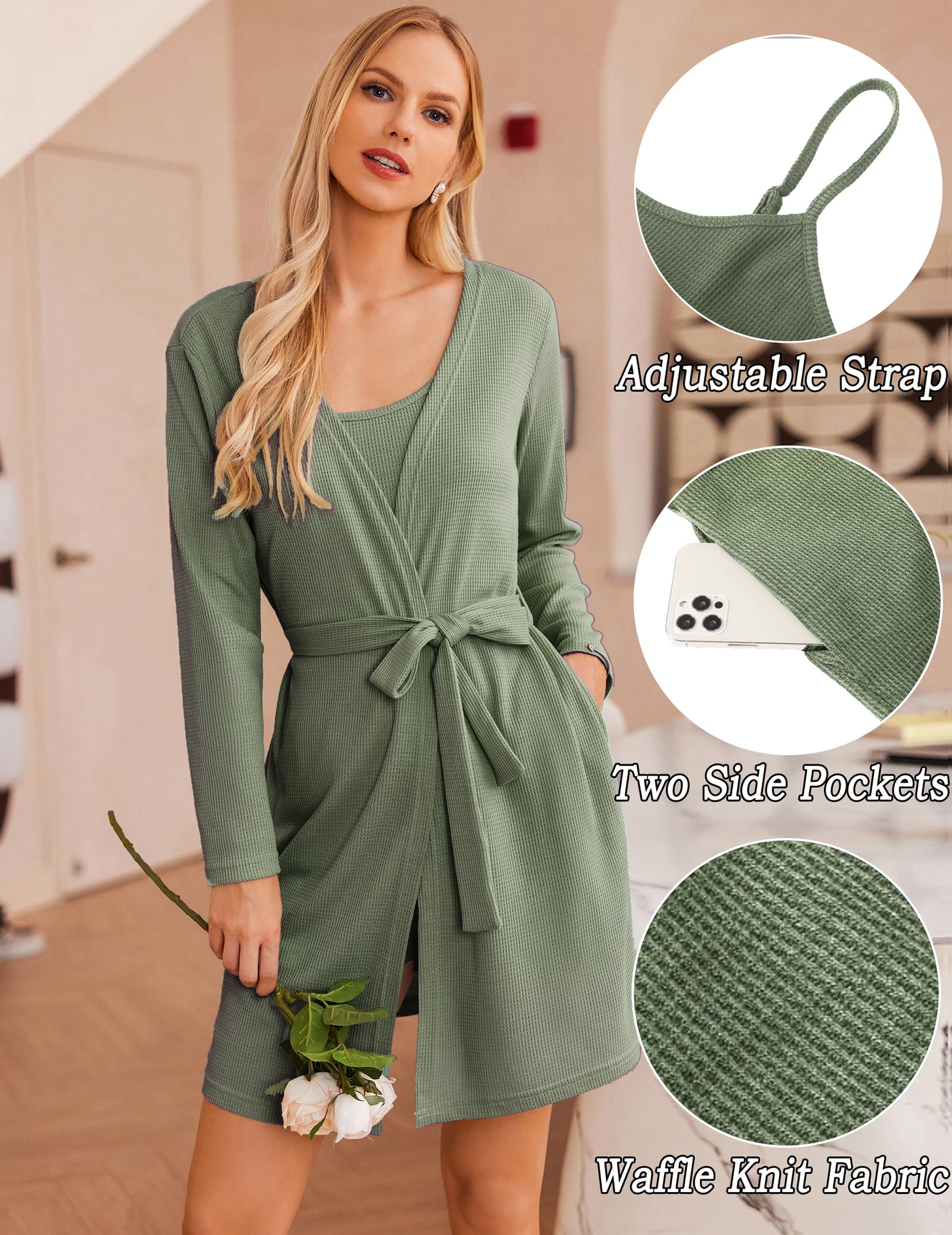 Ekouaer Womens 3 Piece Waffle Knit Lounge Set Soft Pajama Sets Tank Top and Shorts Cardigan with Pockets (Army Green, S)