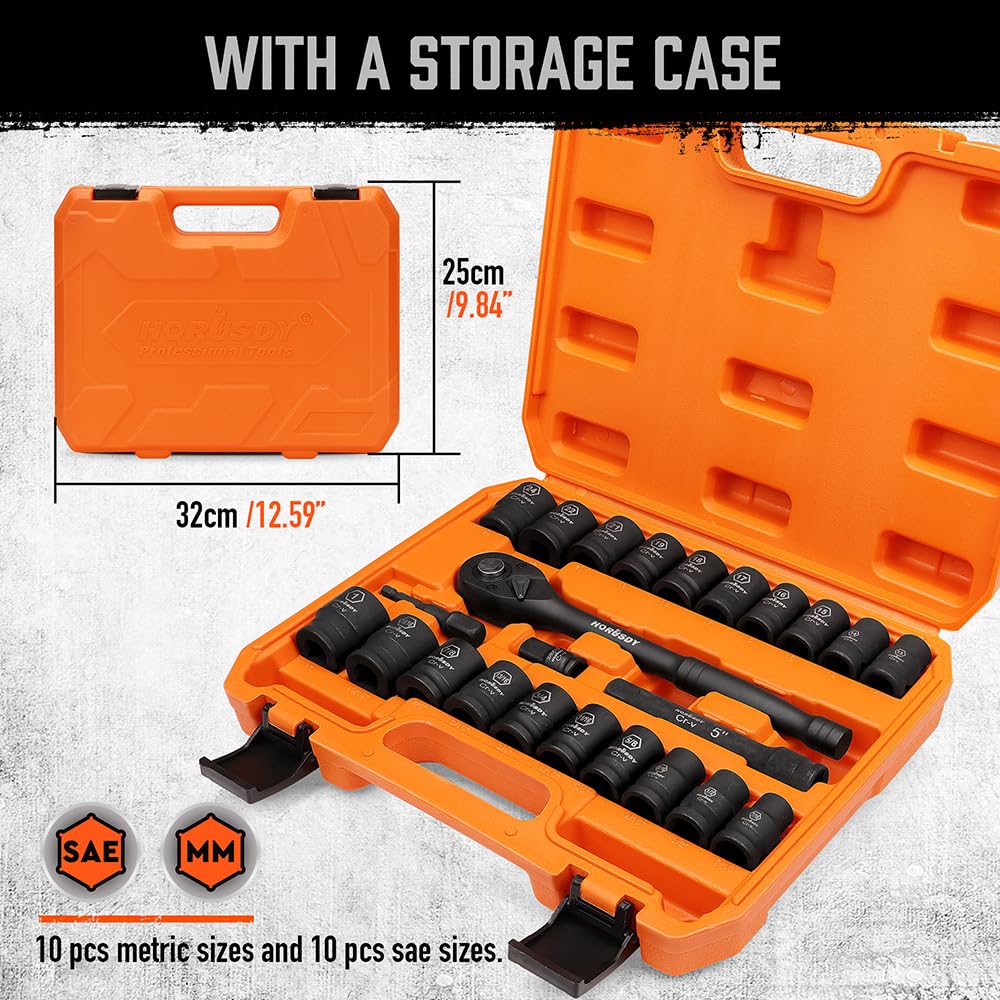 HORUSDY 1/2" Drive Impact Socket Set, 24-Piece Shallow Standard SAE (7/16"-1") and Metric (13-24mm) Size, 6 Point, Cr-V, with 1/2-Inch Drive Ratchet Handle, Drive Extension Bar