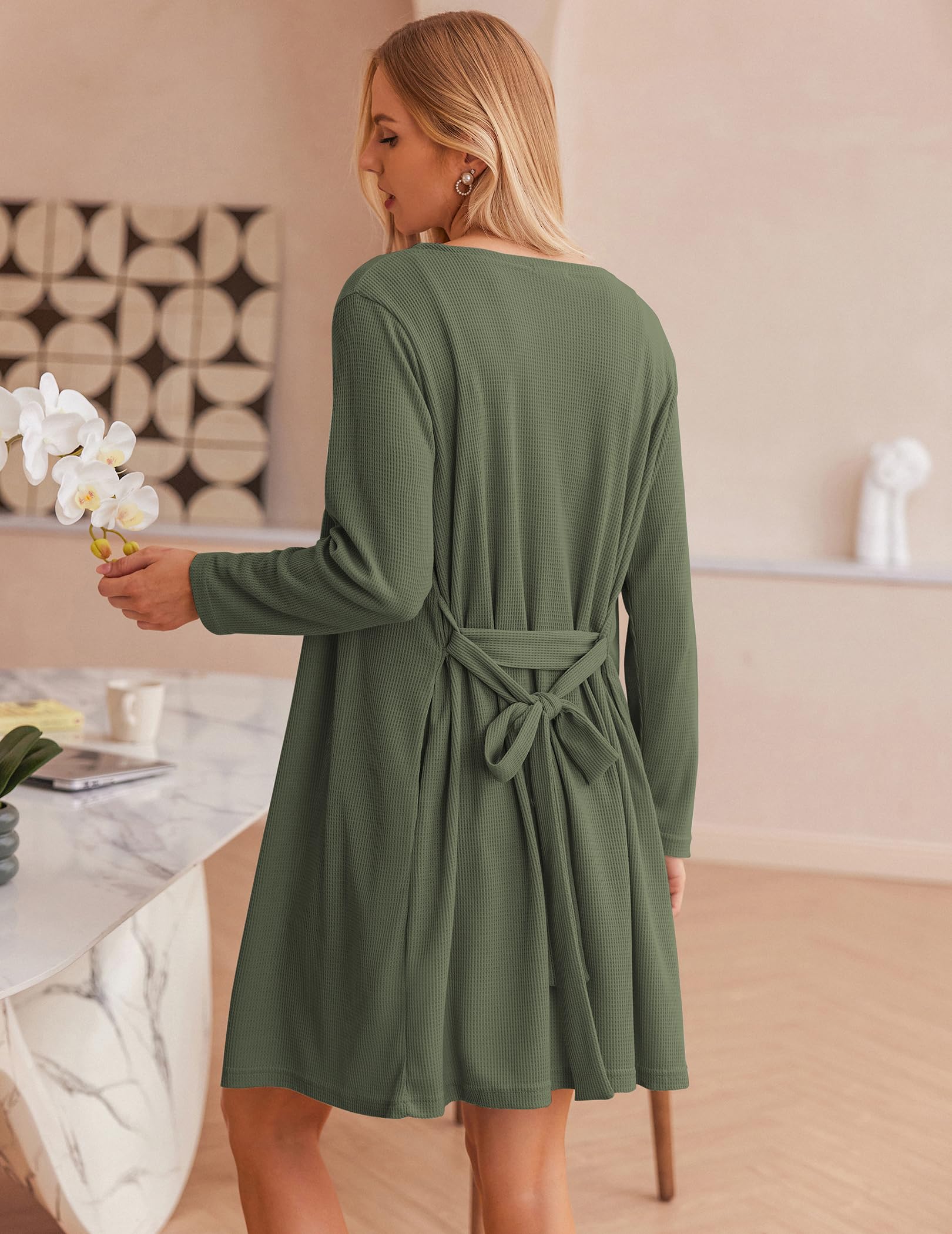 Ekouaer Womens 3 Piece Waffle Knit Lounge Set Soft Pajama Sets Tank Top and Shorts Cardigan with Pockets (Army Green, S)