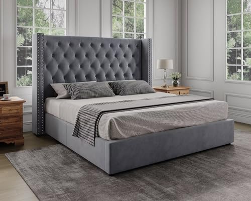 Jocisland King Size Lift Up Storage Bed, Upholstered Platform Bed Frame and Velvet Button Tufted Headboard with Wingback, Hydraulic Storage, No Box Spring Needed, Easy Assembly, Gray