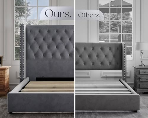 Jocisland King Size Lift Up Storage Bed, Upholstered Platform Bed Frame and Velvet Button Tufted Headboard with Wingback, Hydraulic Storage, No Box Spring Needed, Easy Assembly, Gray