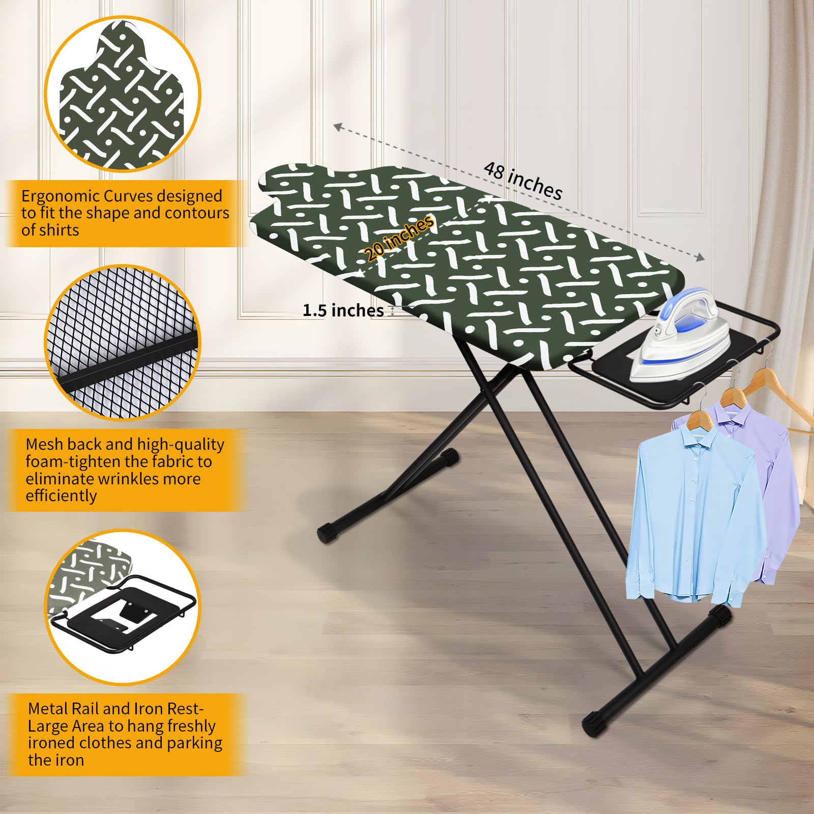 SLIETON Extra Large Ironing Board with Large Hang Rail and Iron Rest in 63" L x 20" W (with Iron Rest)