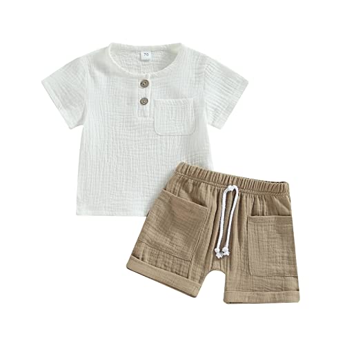 Nyapruwe Toddler Baby Boys Summer Clothes Short Sleeve T-shirt Elastic Waistband Rolled Short Cotton Linen 2Pcs Outfits (White, 18-24 Months)