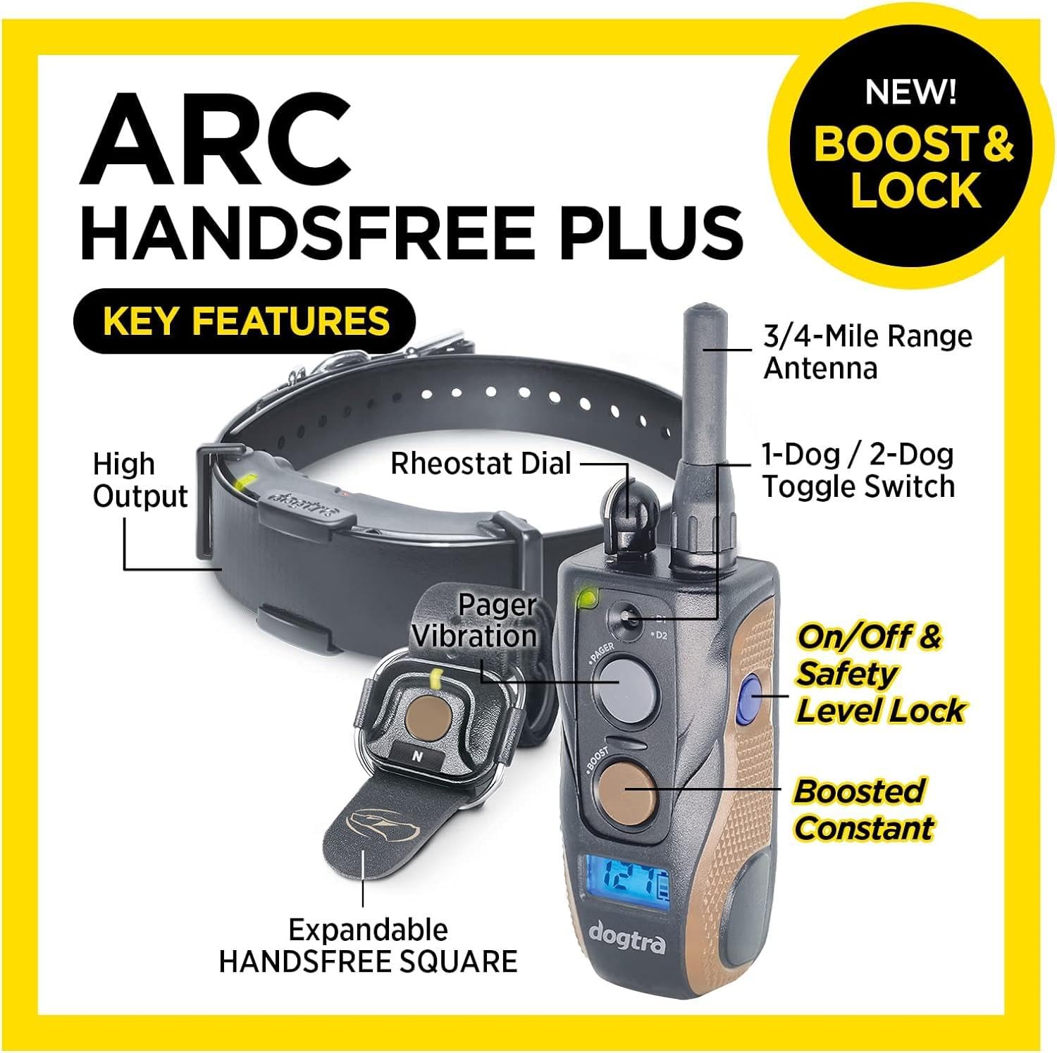 Dogtra ARC HANDSFREE Plus Boost and Lock, Remote Dog Training E-Collar, HANDSFREE Square for Discreet Control, Waterproof, Rechargeable, 3/4-Mile Range, 1 Dog Expandable System Medium, Large Dogs