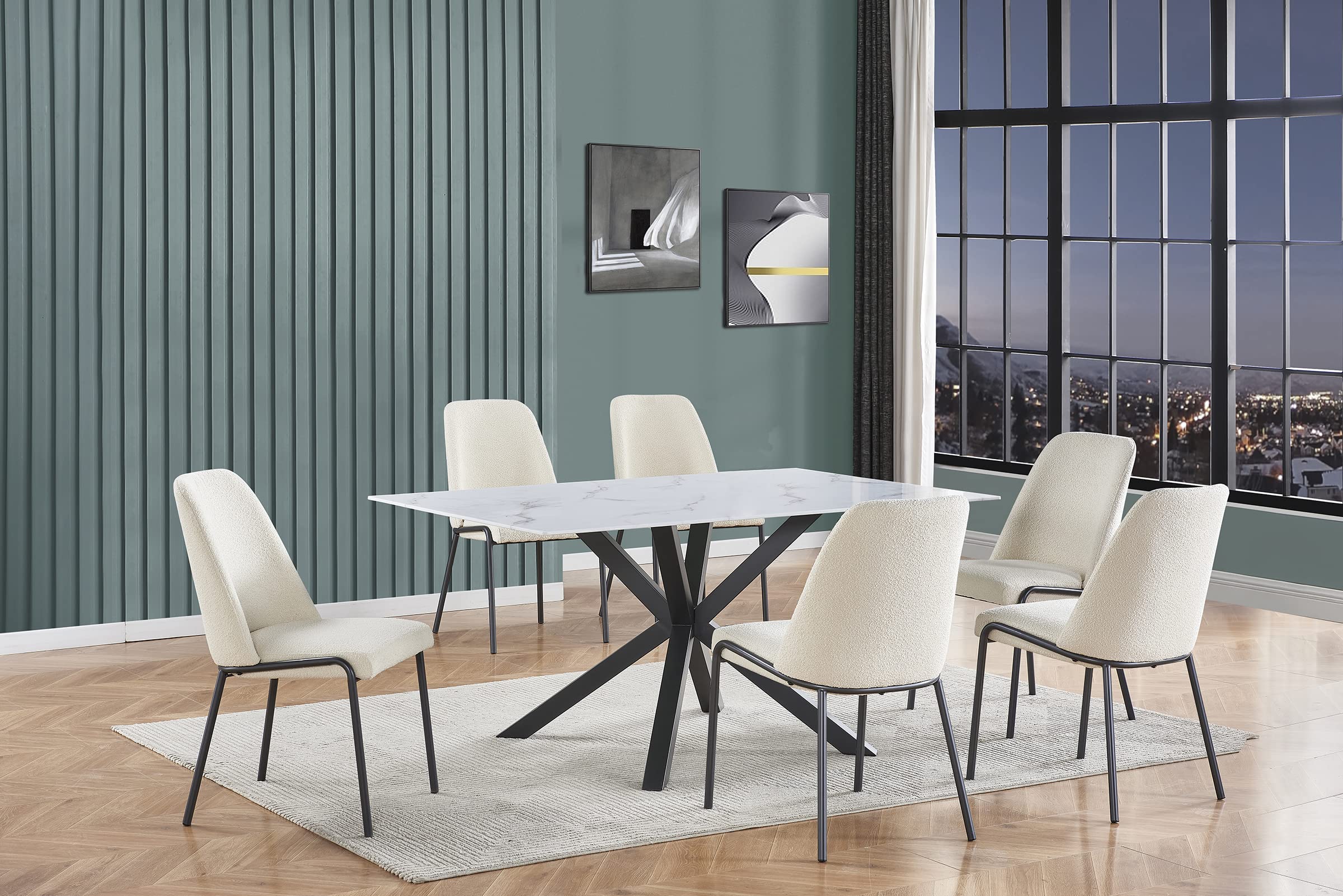 Best Quality Furniture D238-6SC189 Dining Set, White Marble/Gray/Cream