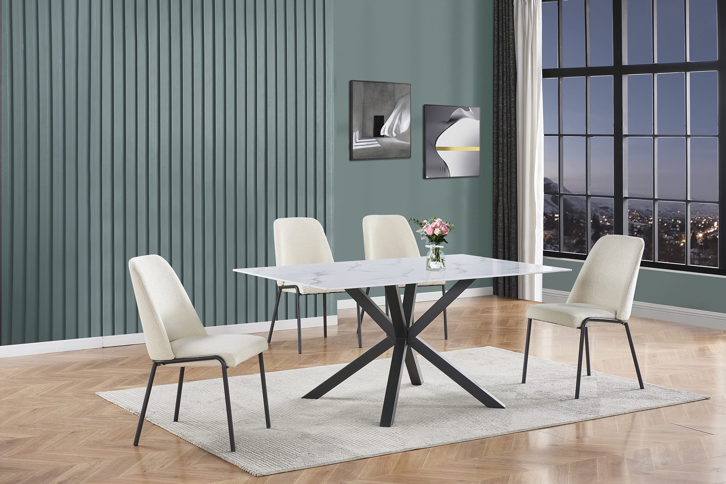 Best Quality Furniture D238-4SC189 Dining Set, White Marble/Gray/Cream