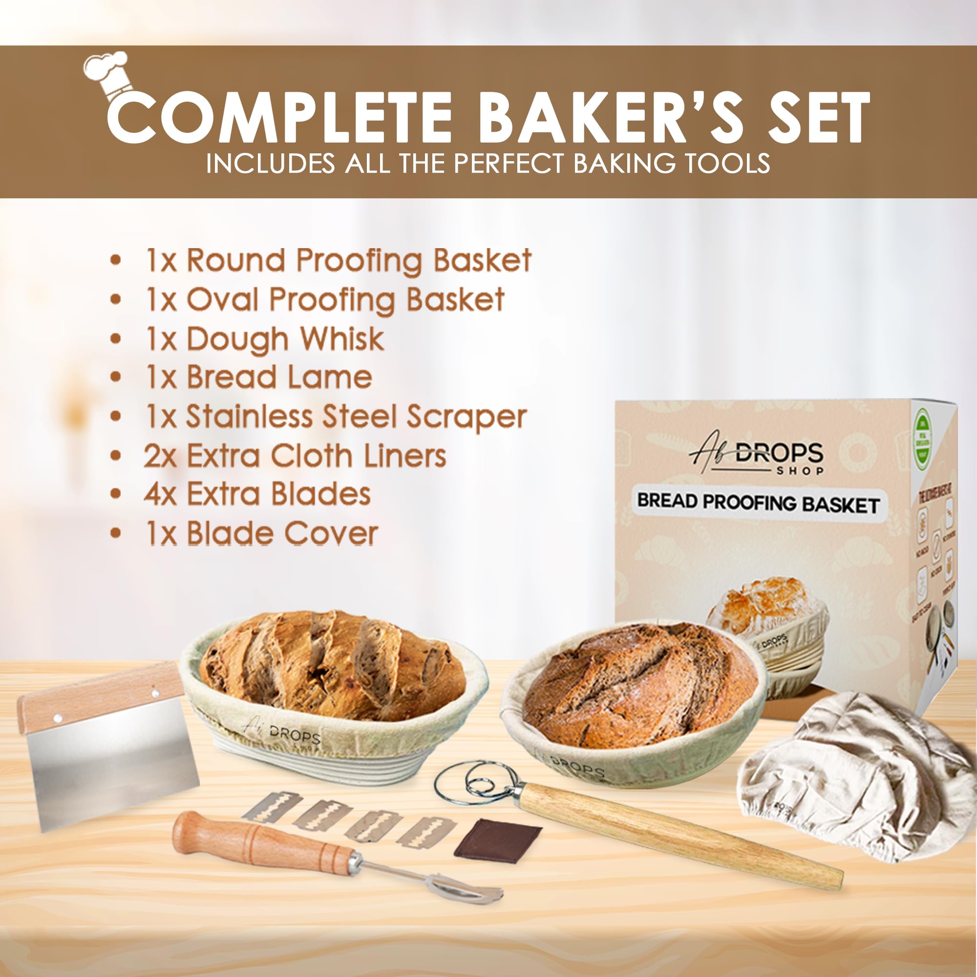 Premium Bread Banneton Proofing Basket Set of 2, 10 inch Round & Oval Cane Bread Proofing Baskets with 4 set cloth Sourdough Baskets Tools & Liners for Artisan Bread Making, Baking Supplies Kit
