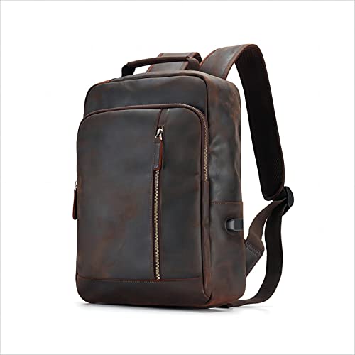 Syewekym Genuine Leather Backpack Multifunctional 15.6 inch Laptop Business Rucksack with USB Large Capacity Backpack (Coffee)