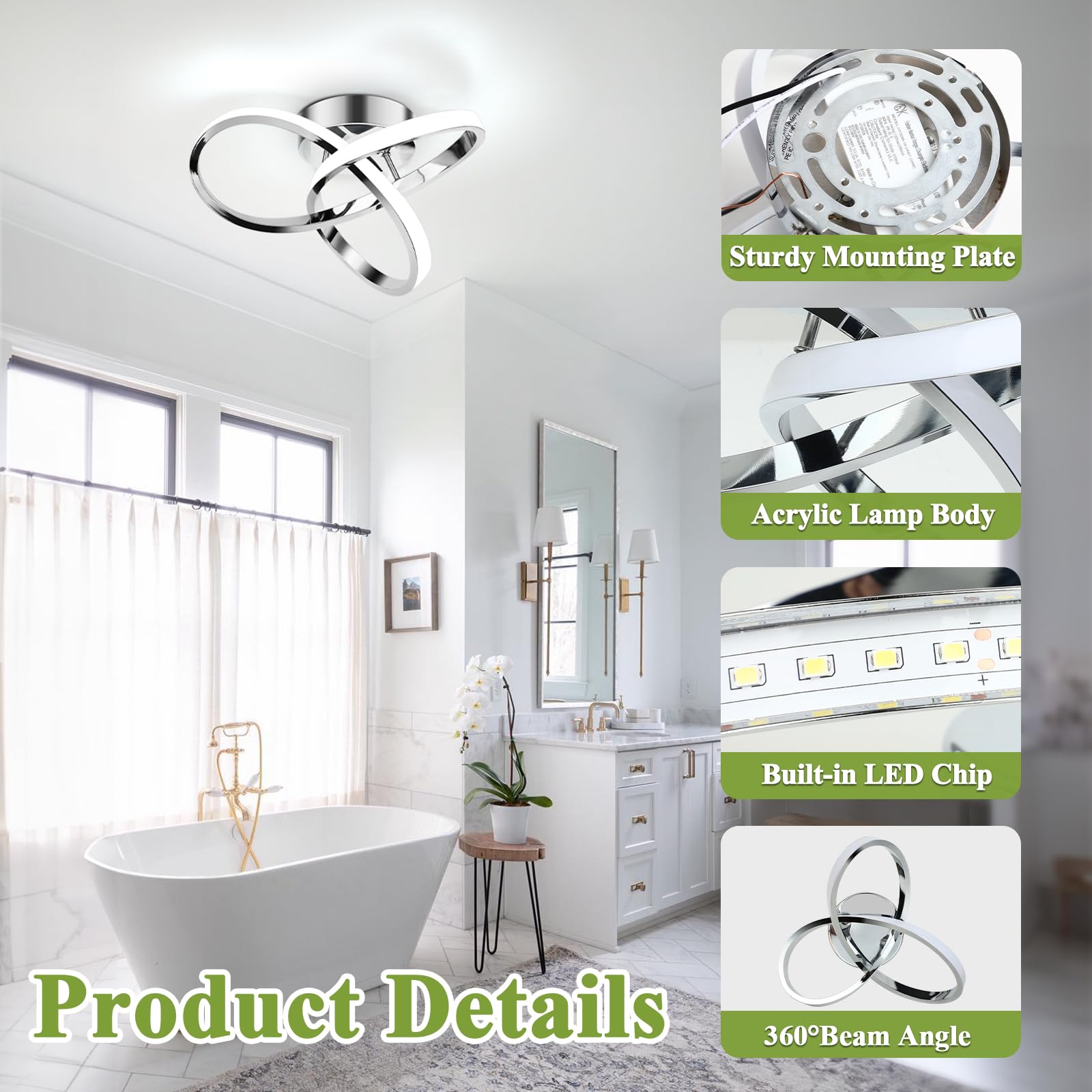 Kondras Acrylic LED Ceiling Light, 5000K Daylight White LED Ceiling Light for Hallway, Modern Kitchen Light Fixture Ceiling, Chrome Metal Close to Ceiling Light for Bathroom Dinng Room, 2 Pack