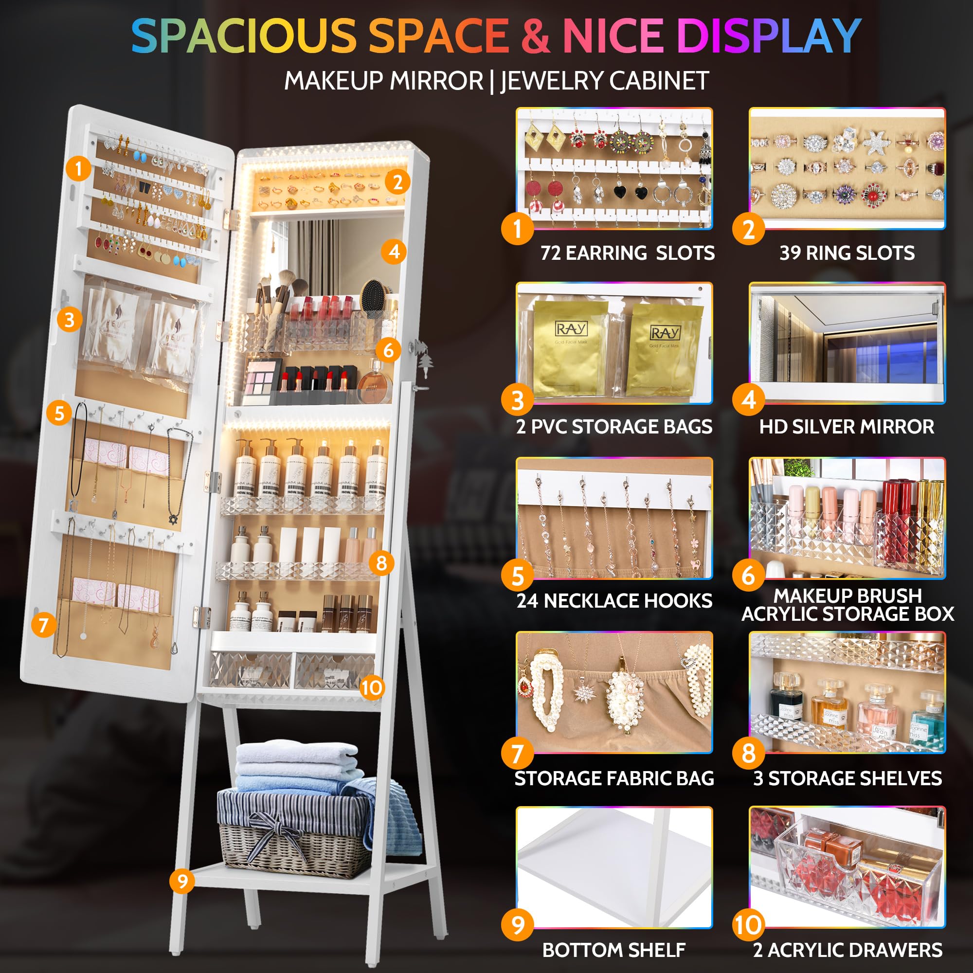 LVSOMT RGB LED Jewelry Mirror Cabinet, Standing Jewelry Armoire Organizer, Stand Up Full-Length Mirror with Jewelry Storage, LED Lighted Floor Mirror, 14 Lights + Dimmable + Adjustable Speed, White