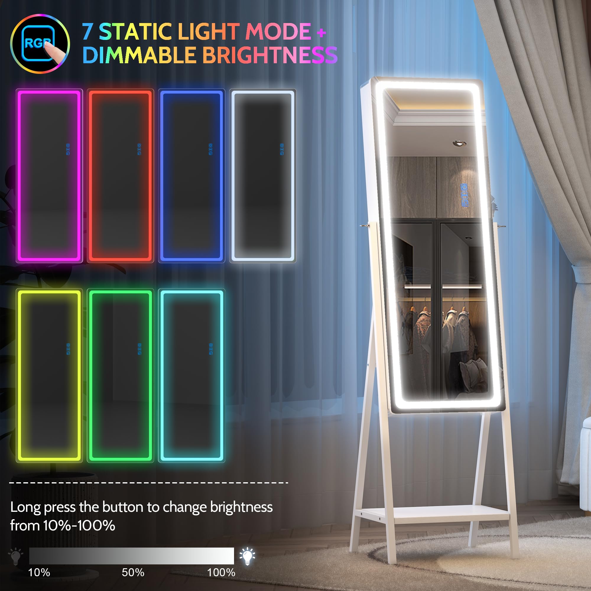 LVSOMT RGB LED Jewelry Mirror Cabinet, Standing Jewelry Armoire Organizer, Stand Up Full-Length Mirror with Jewelry Storage, LED Lighted Floor Mirror, 14 Lights + Dimmable + Adjustable Speed, White