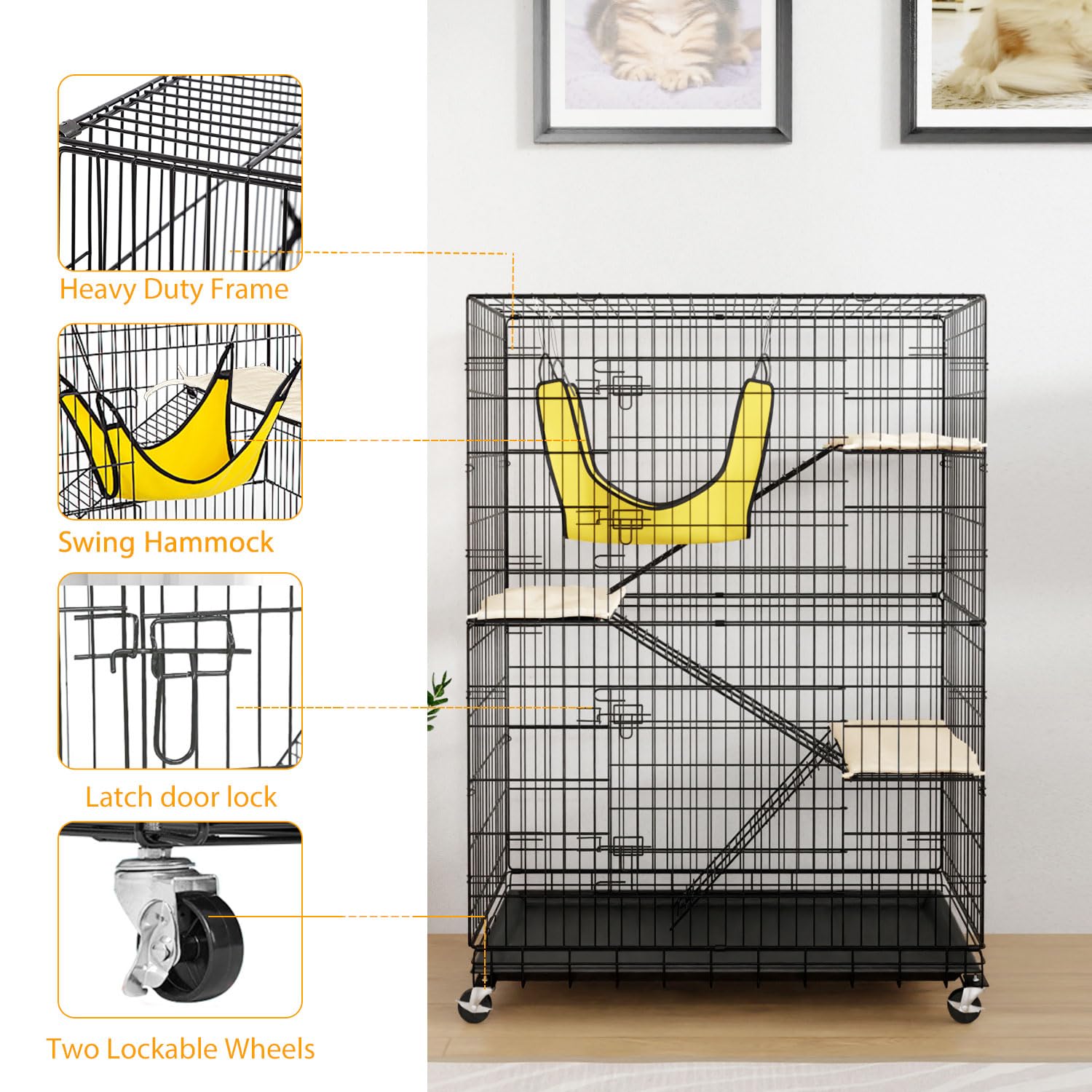 Collapsible Cat Cage, 4-Tier 48 Inches Metal Large Cat Kennel Ferret Enclosure Chinchilla Cage with 360° Rotating Casters/Ramp/Ladders/Hammock for Indoor/Outdoor Kitten