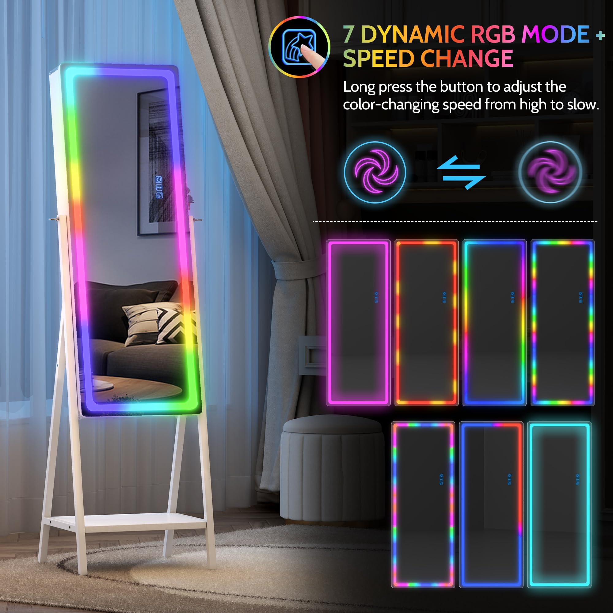 LVSOMT RGB LED Jewelry Mirror Cabinet, Standing Jewelry Armoire Organizer, Stand Up Full-Length Mirror with Jewelry Storage, LED Lighted Floor Mirror, 14 Lights + Dimmable + Adjustable Speed, White