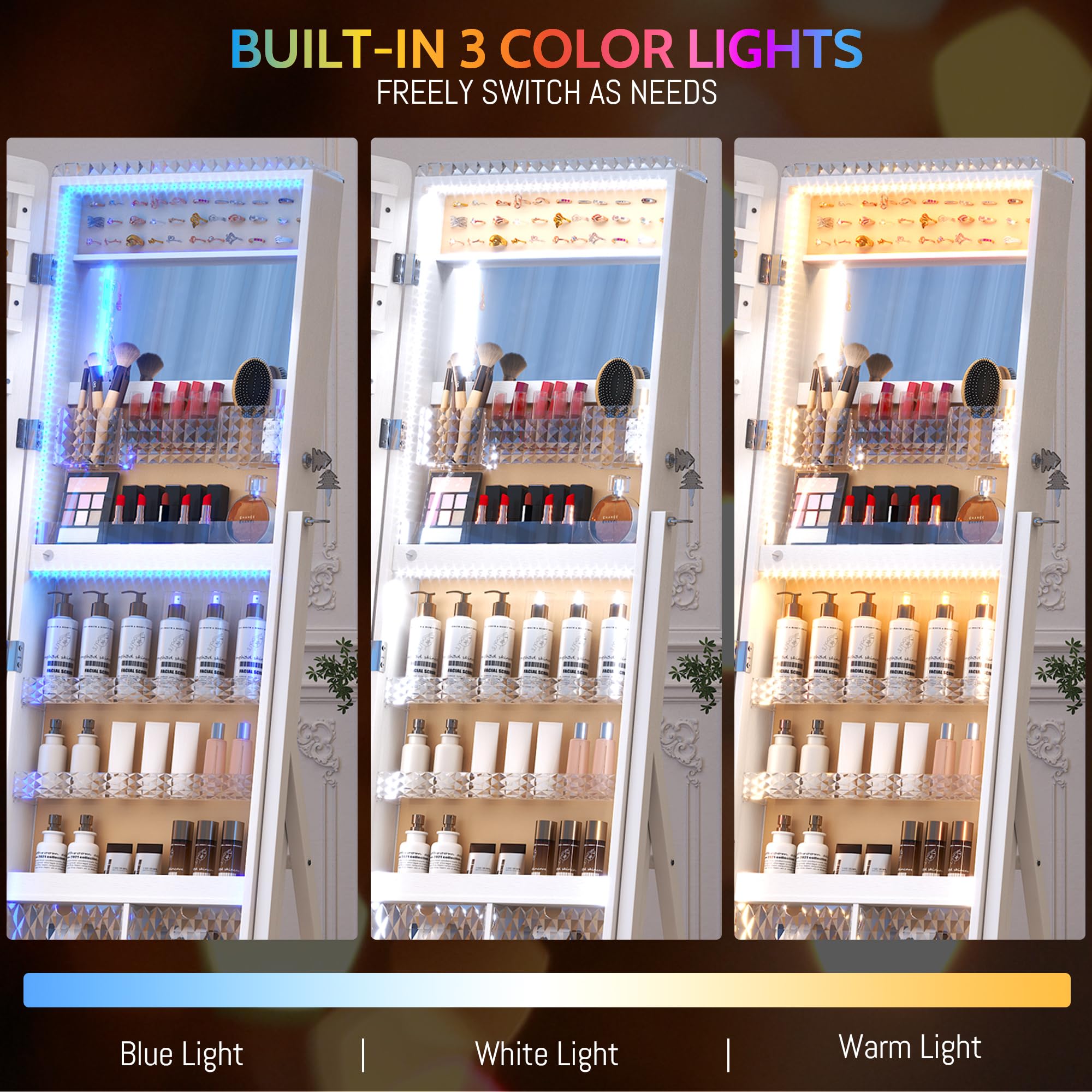 LVSOMT RGB LED Jewelry Mirror Cabinet, Standing Jewelry Armoire Organizer, Stand Up Full-Length Mirror with Jewelry Storage, LED Lighted Floor Mirror, 14 Lights + Dimmable + Adjustable Speed, White